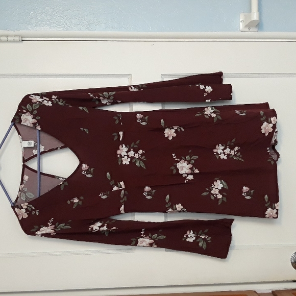 Full Tilt | Dresses | Full Tilt Maroon Floral Long Sleeve Mini Dress ...